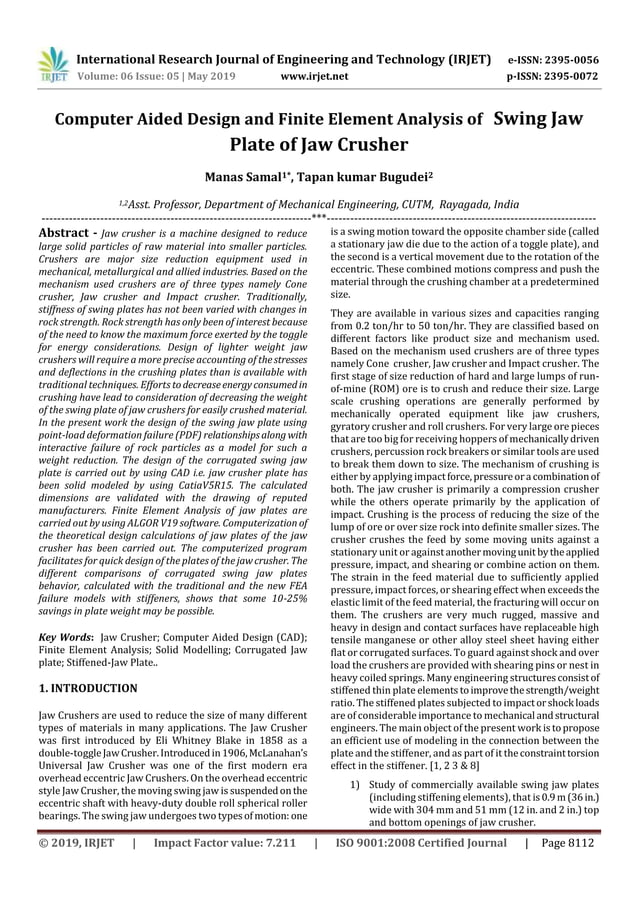 IRJET- Computer Aided Design and Finite Element Analysis of Swing Jaw Plate of Jaw Crusher | PDF