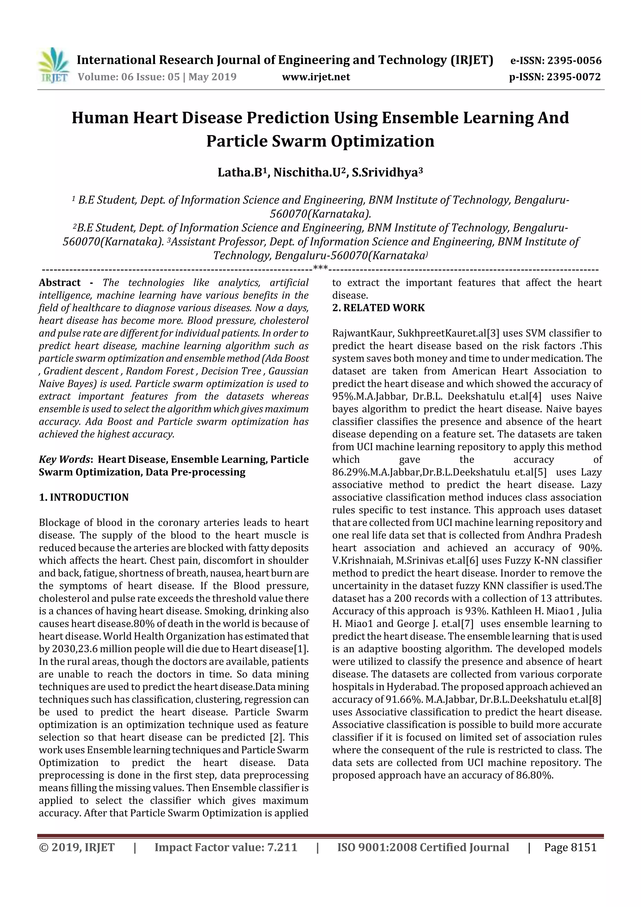 Irjet Human Heart Disease Prediction Using Ensemble Learning And Particle Swarm Optimization Pdf