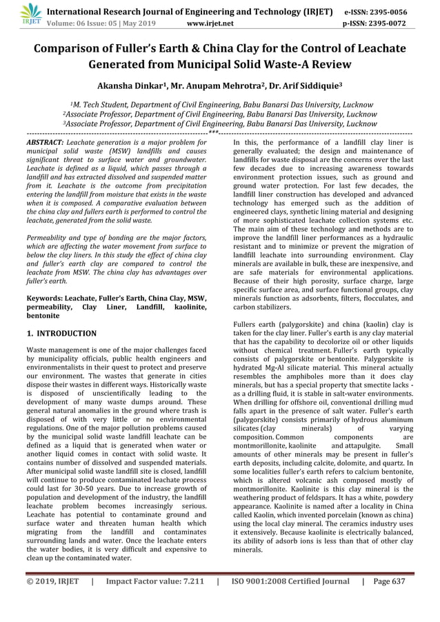 IRJET- Comparison of Fuller’s Earth & China Clay for the Control of ...