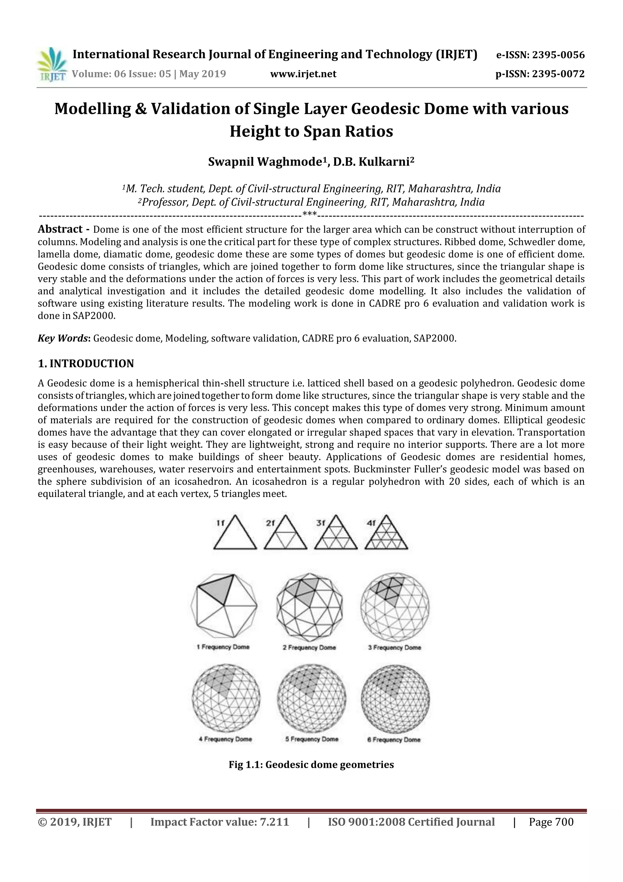 IRJET- Modelling & Validation of Single Layer Geodesic Dome with ...