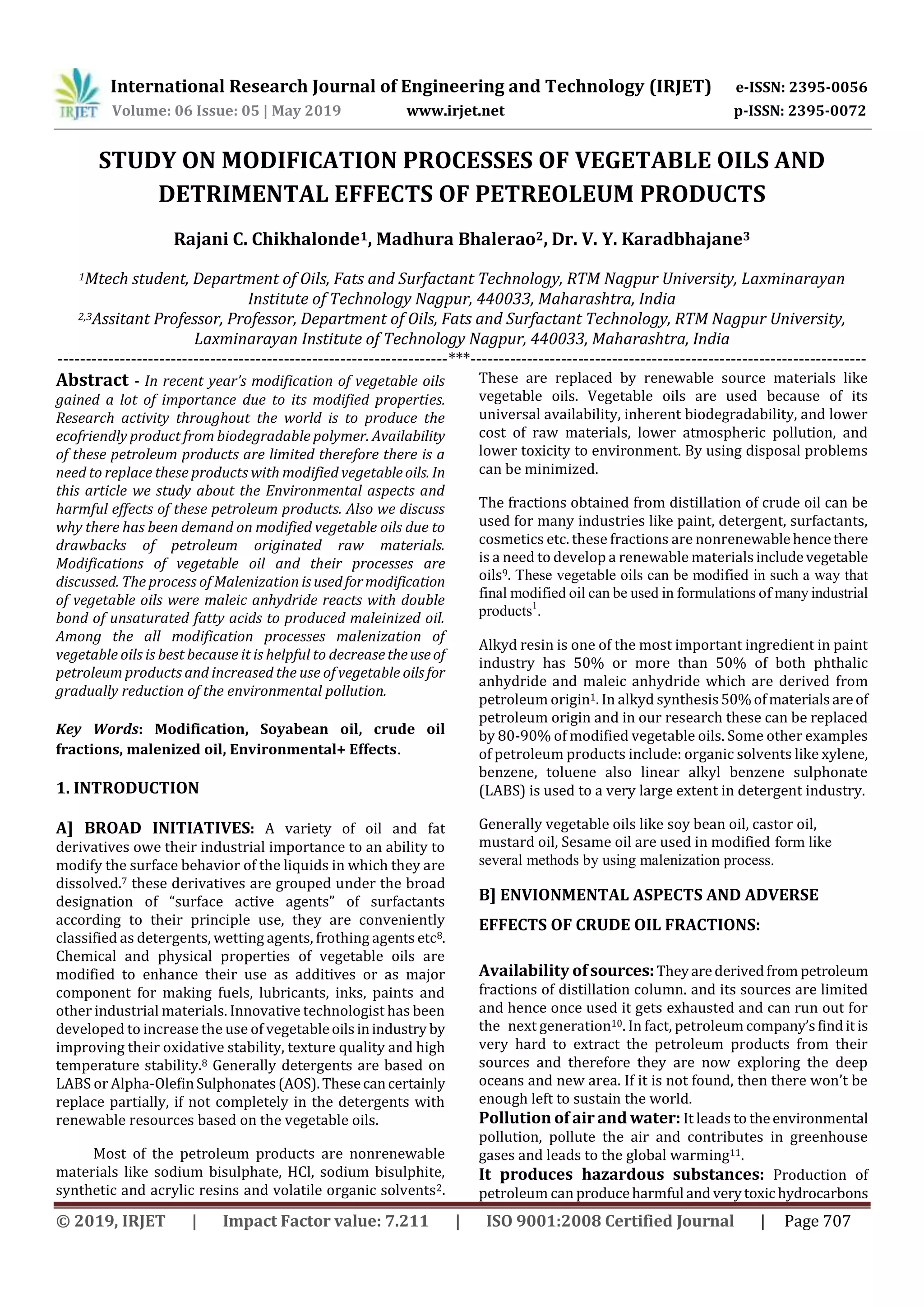 IRJET-,Study on Modification Processes of Vegetable Oils and ...