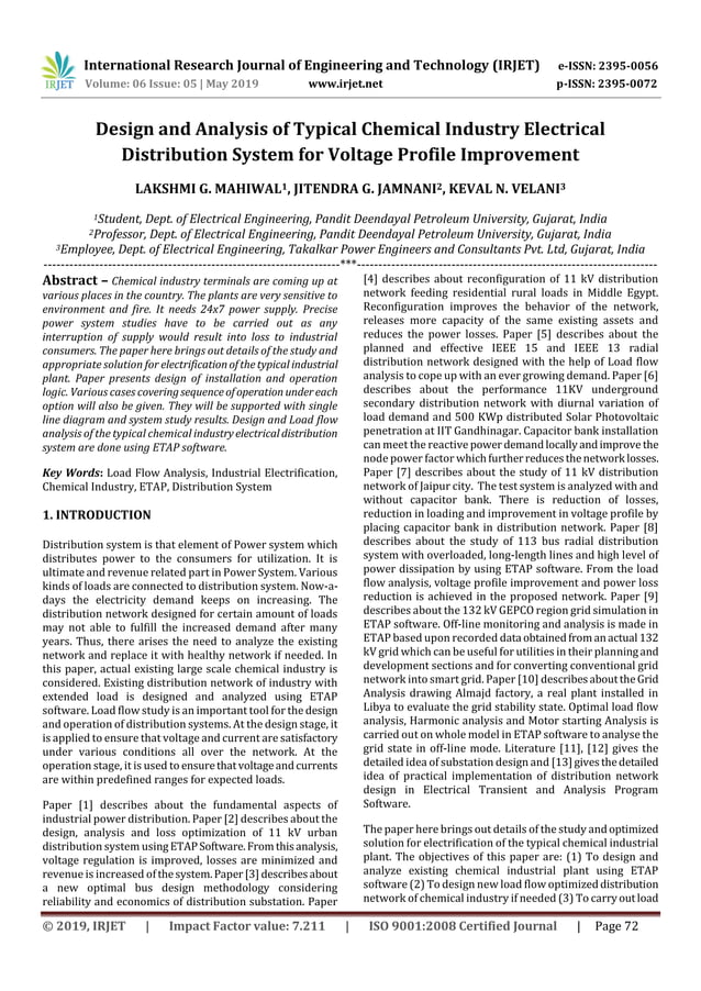 IRJET- Design and Analysis of Typical Chemical Industry Electrical Distribution System for ...