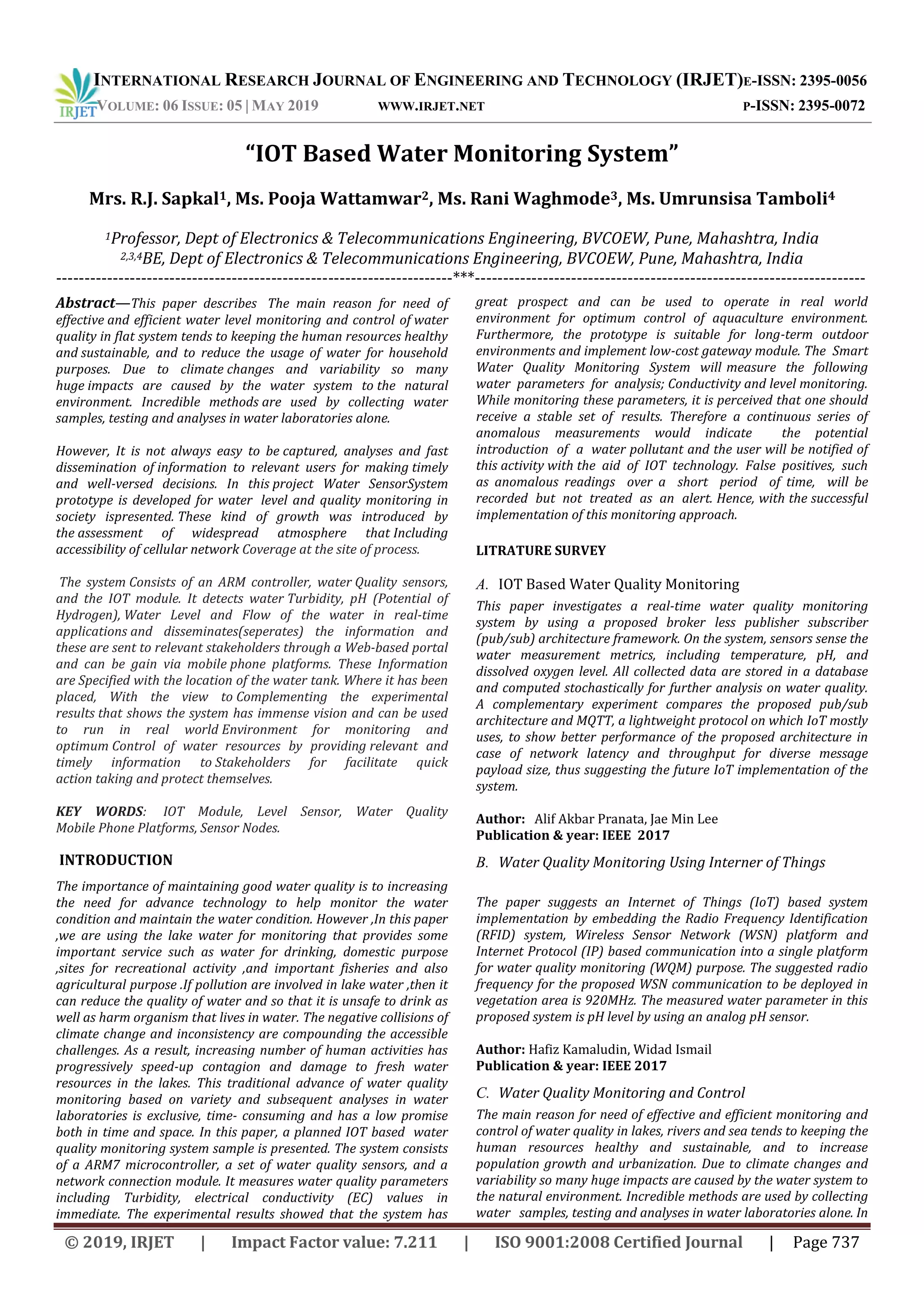 IRJET- IoT based Water Monitoring System | PDF