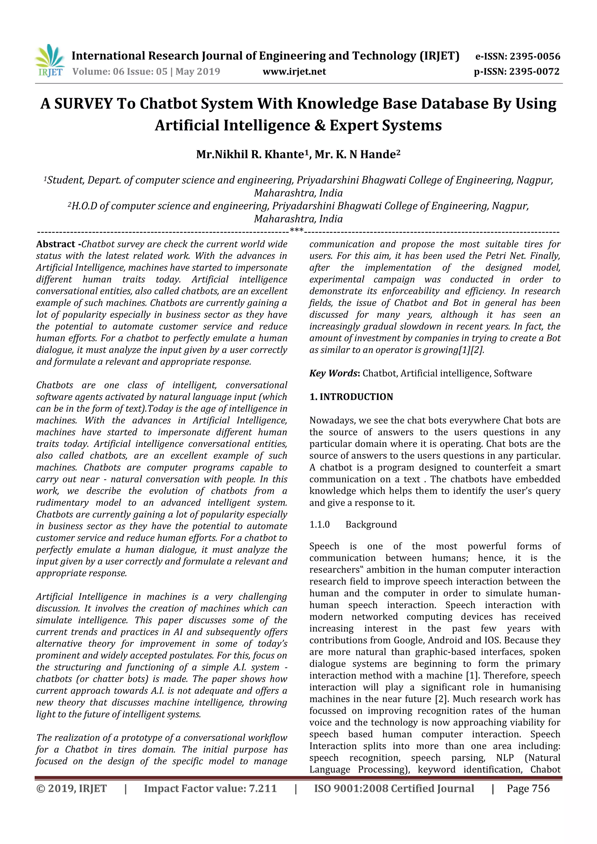 IRJET- A Survey to Chatbot System with Knowledge Base Database by using Artificial Intelligence ...
