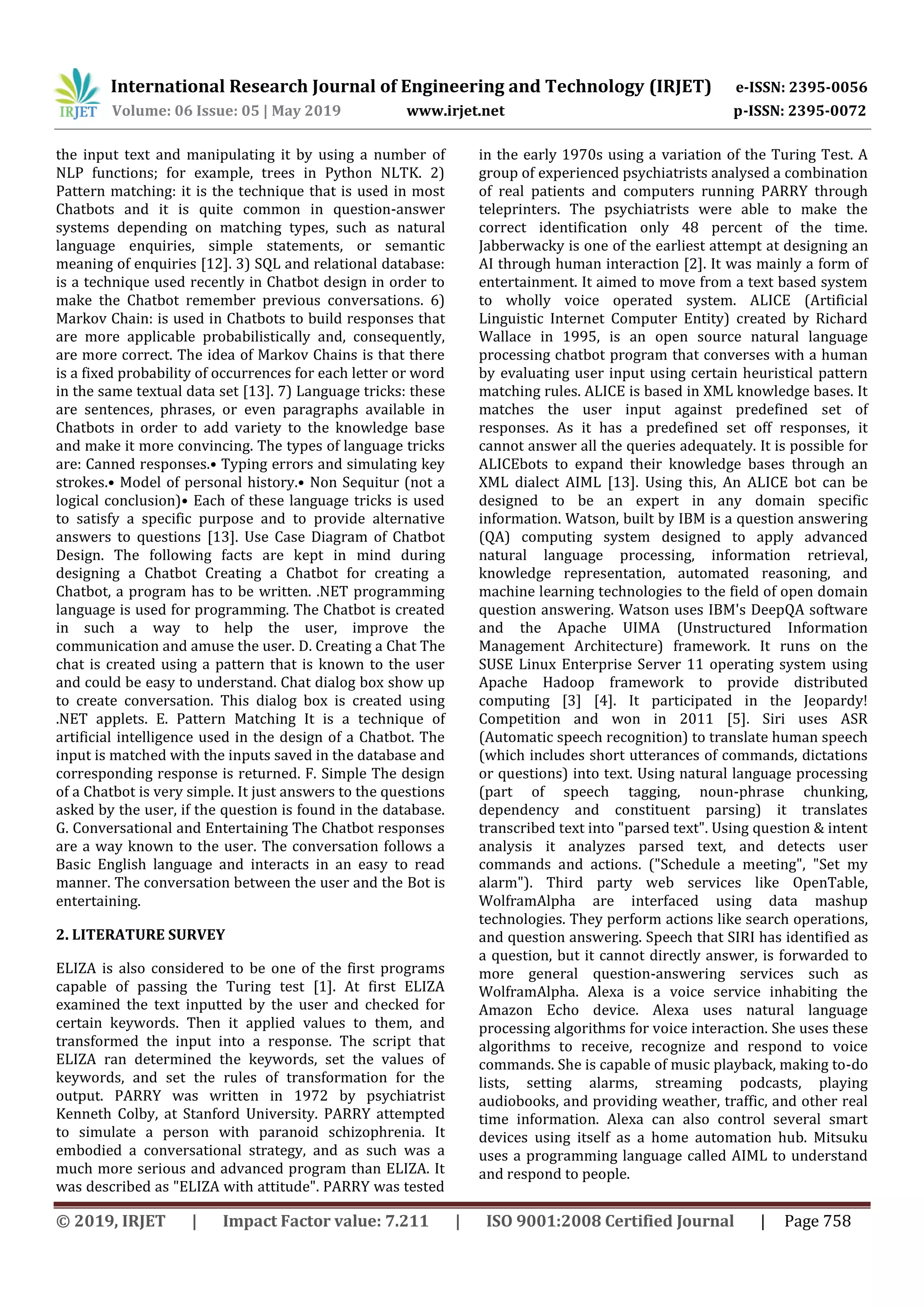 IRJET- A Survey to Chatbot System with Knowledge Base Database by using ...