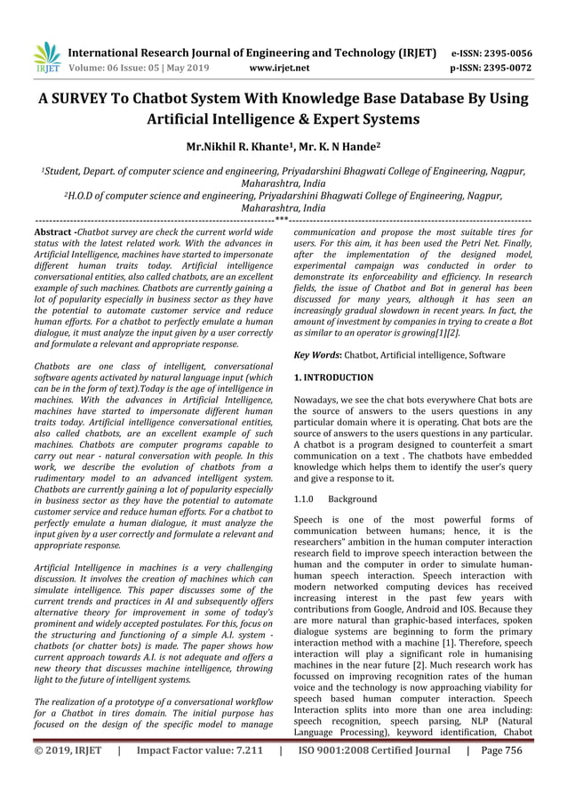 IRJET- A Survey to Chatbot System with Knowledge Base Database by using Artificial Intelligence ...