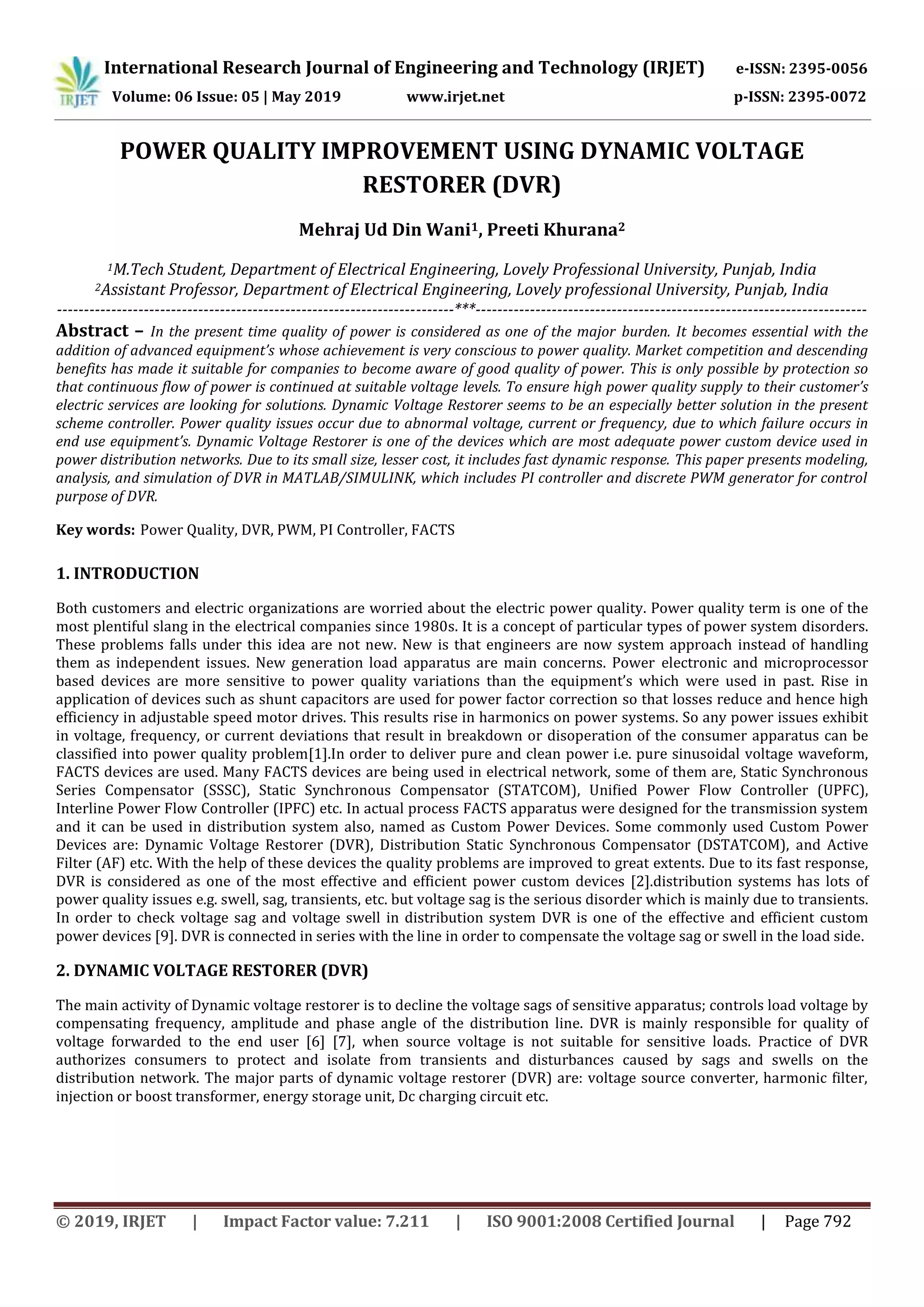 IRJET- Power Quality Improvement using Dynamic Voltage Restorer (DVR) | PDF