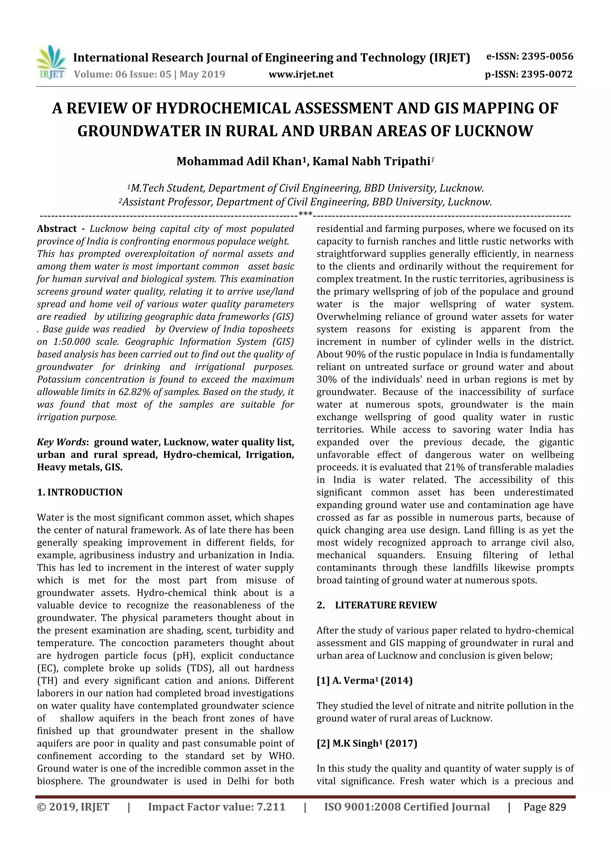 IRJET- A Review of Hydrochemical Assessment and GIS Mapping of Groundwater in Rural and Urban ...