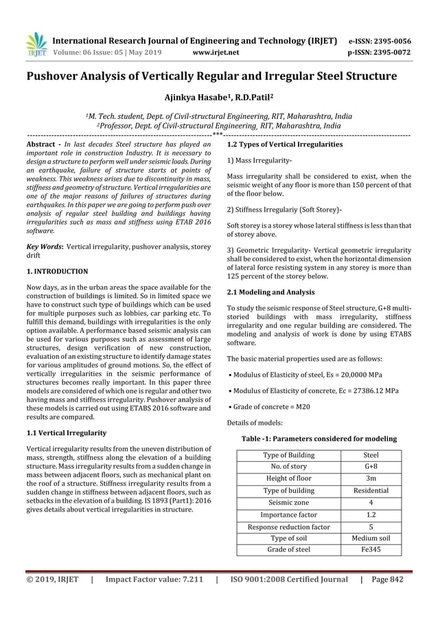 IRJET- Pushover Analysis of Vertically Regular and Irregular Steel Structure | PDF