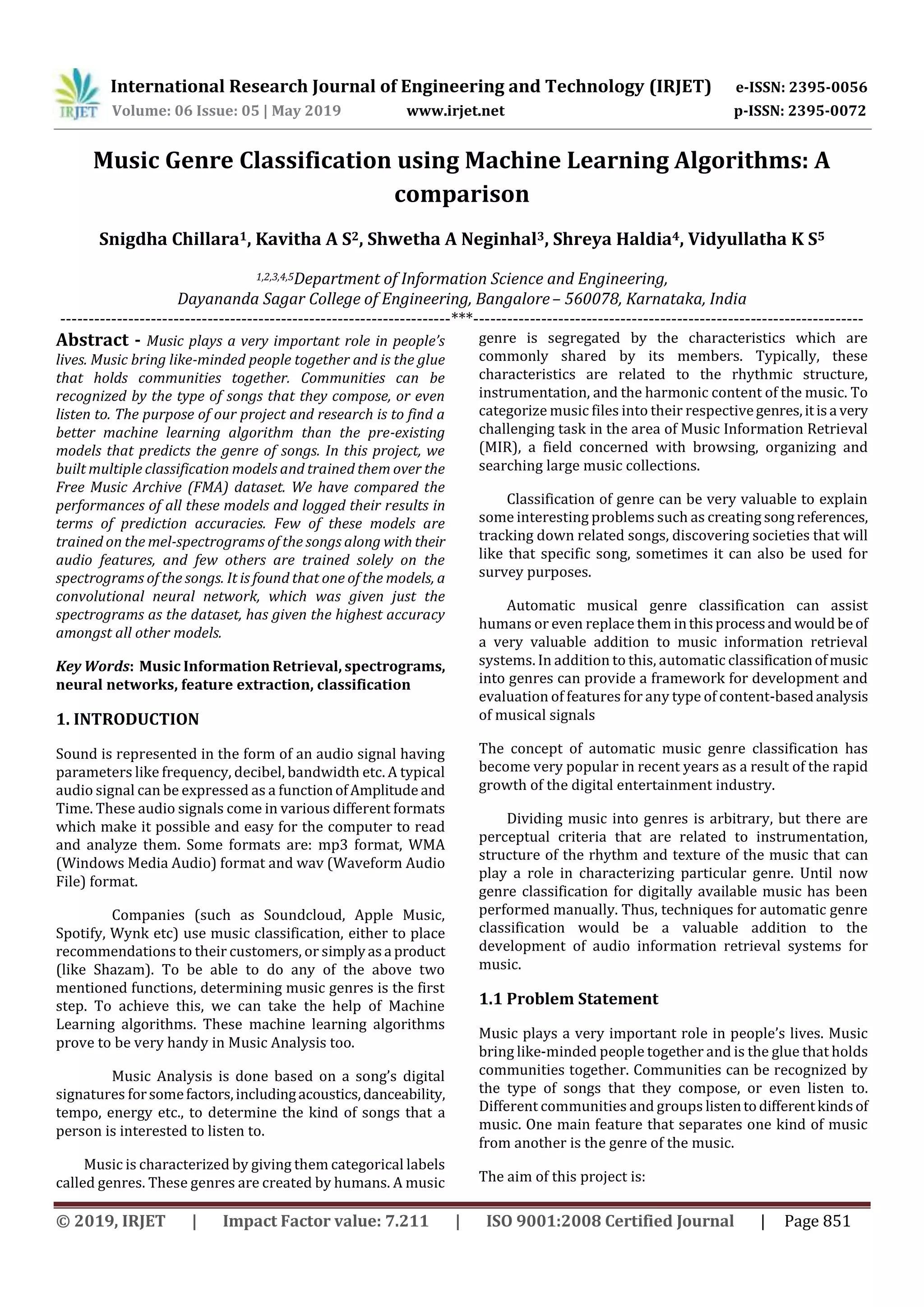 IRJET- Music Genre Classification using Machine Learning Algorithms: A Comparison | PDF ...