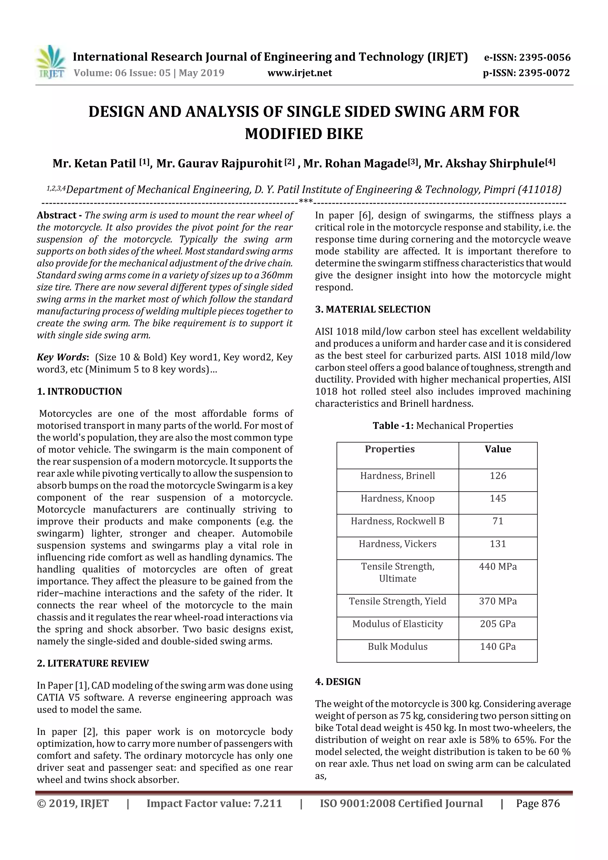 Irjet Design And Analysis Of Single Sided Swing Arm For Modified Bike Pdf