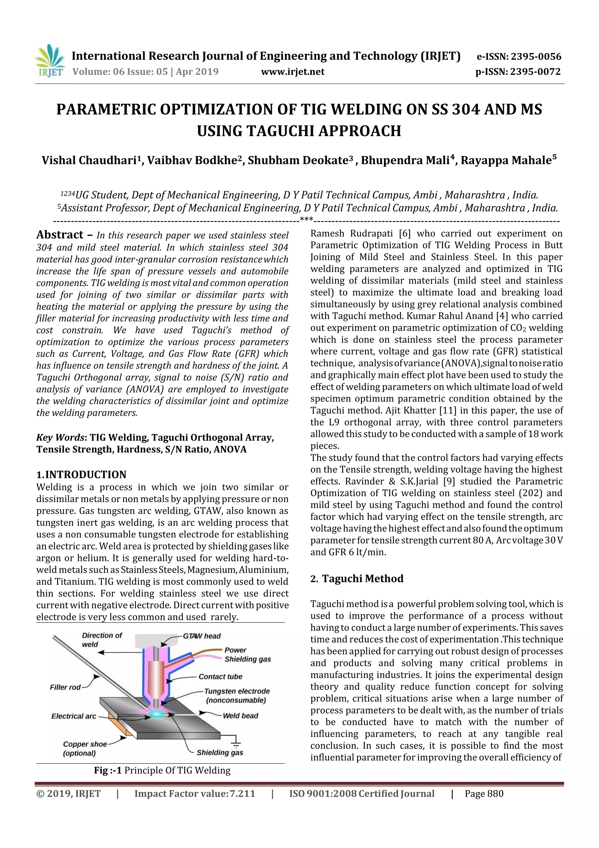 IRJET- Parametric Optimization of Tig Welding on SS 304 and MS using Taguchi Approach | PDF ...