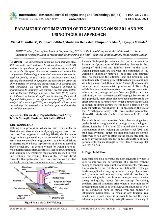 IRJET- Parametric Optimization of Tig Welding on SS 304 and MS using Taguchi Approach | PDF ...