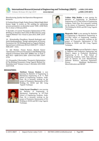 IRJET- Parametric Optimization of Tig Welding on SS 304 and MS using Taguchi Approach | PDF ...