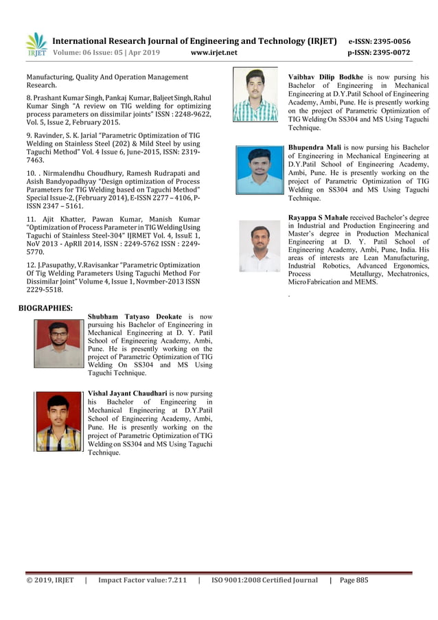 IRJET- Parametric Optimization of Tig Welding on SS 304 and MS using Taguchi Approach | PDF ...