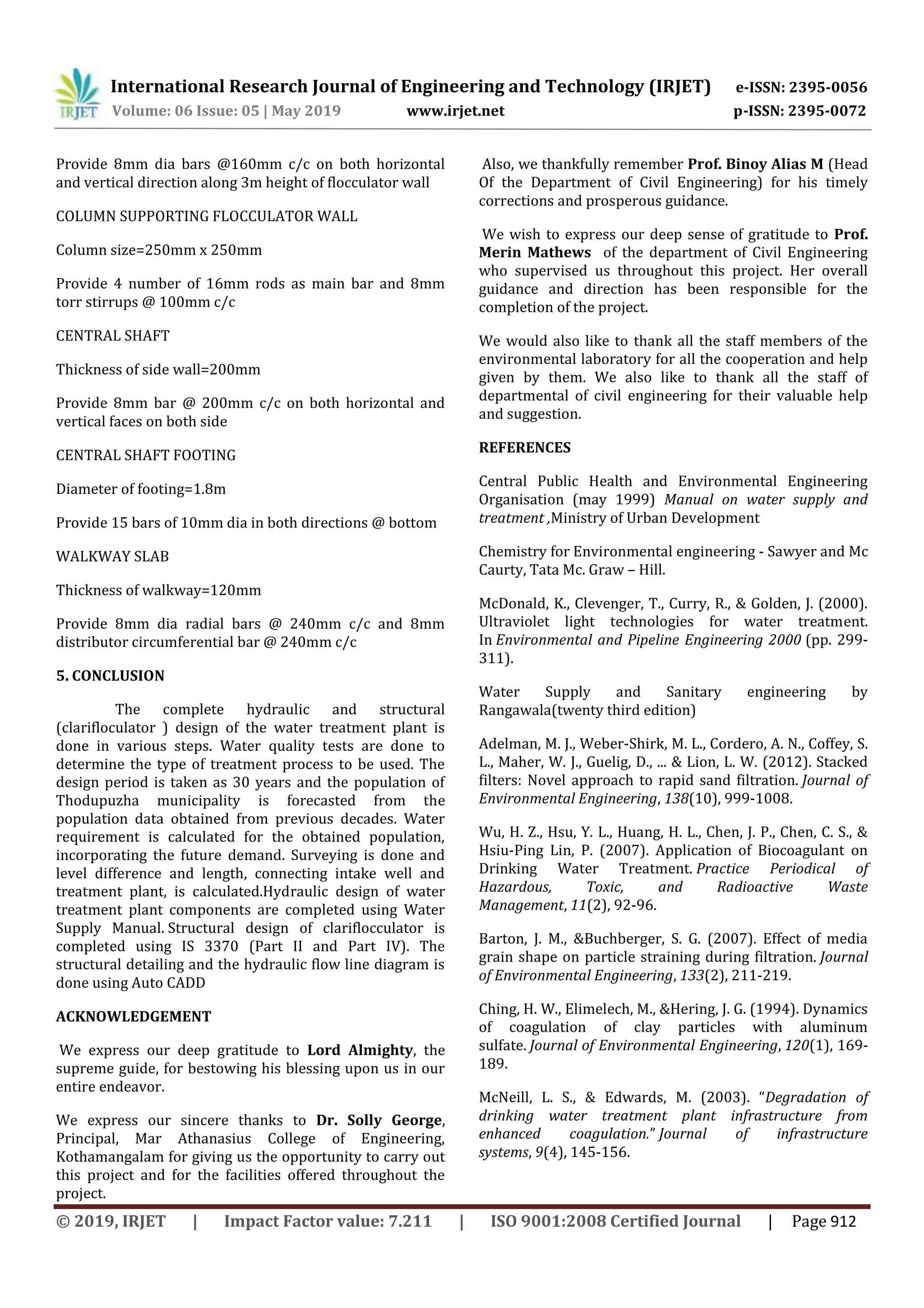 IRJET- Hydraulic and Structural Design of Water Treatment Plant | PDF