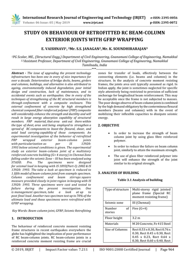 IRJET-Study on Behaviour of Retrofitted RC Beam-Column Exterior Joints with GFRP Wrapping | PDF