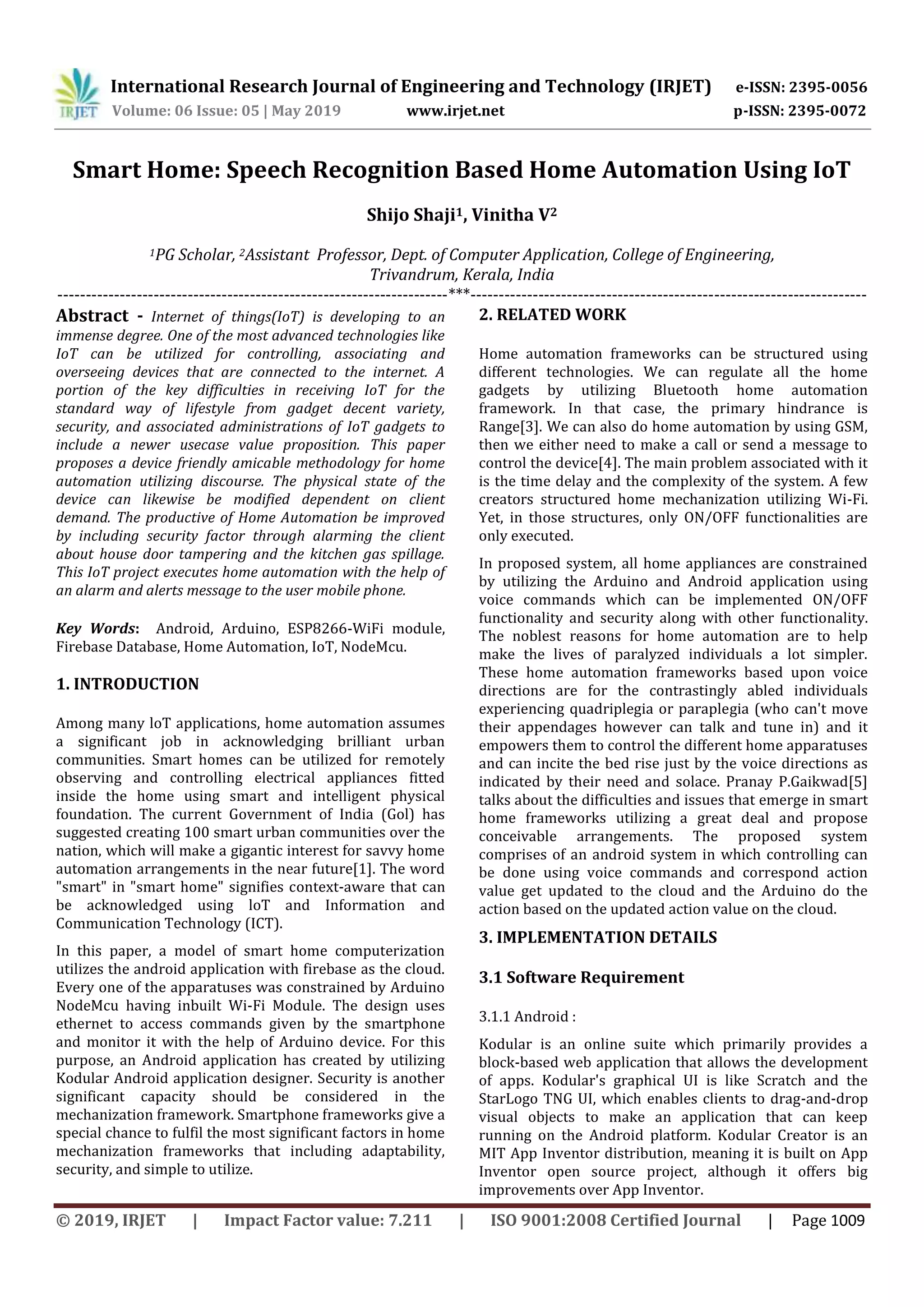 IRJET- Smart Home: Speech Recognition based Home Automation using IoT | PDF