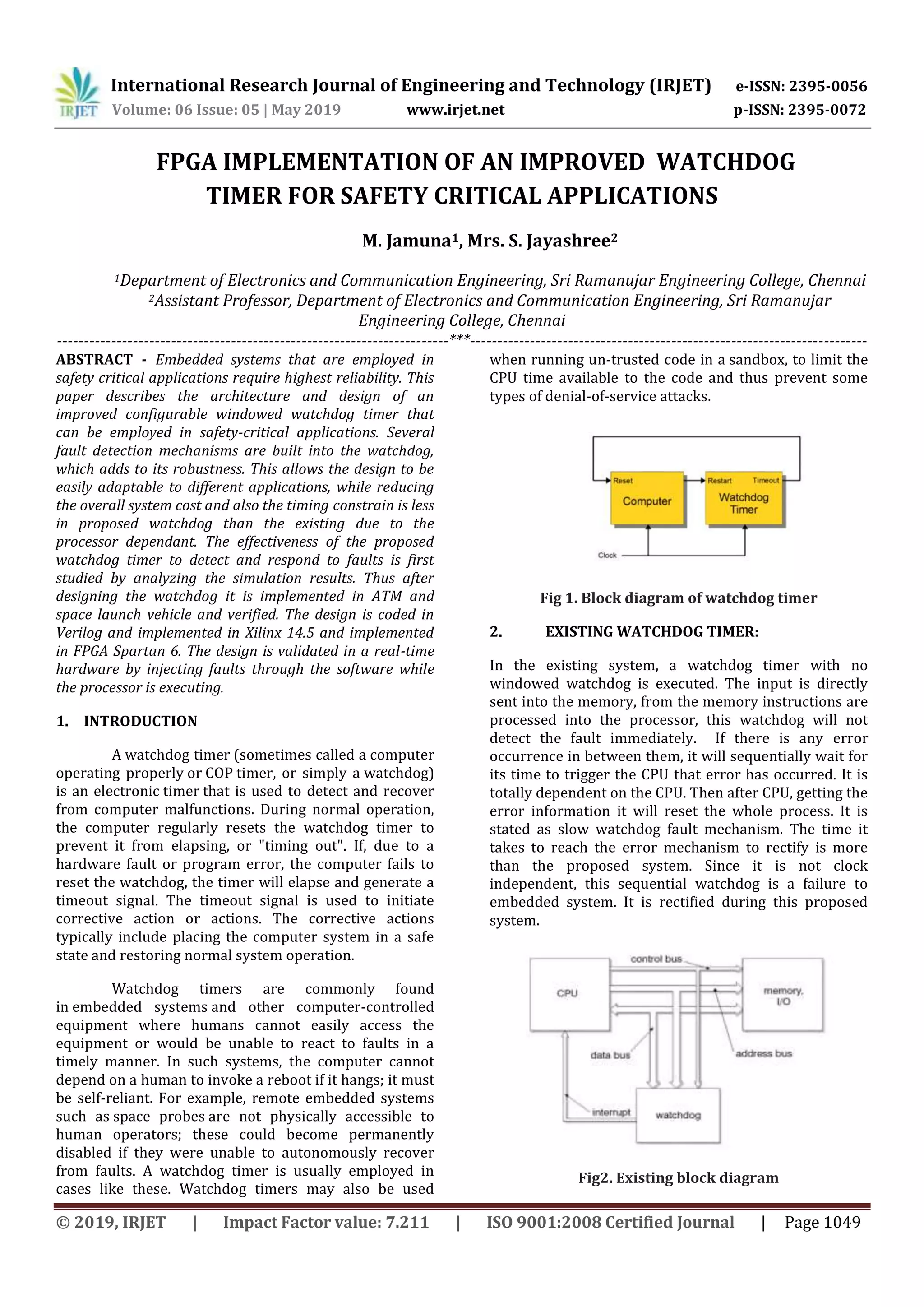 IRJET- FPGA Implementation of an Improved Watchdog Timer for Safety Critical Applications | PDF
