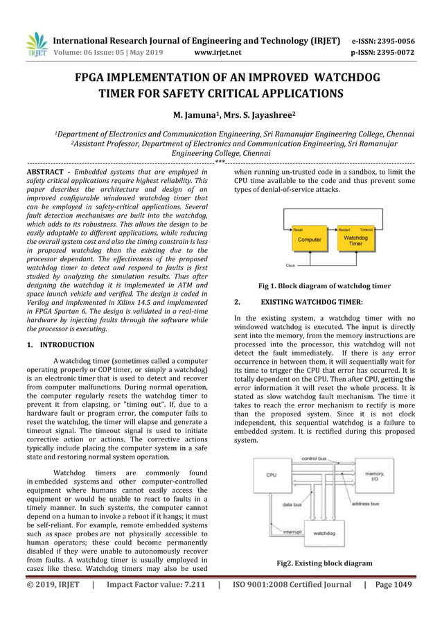 IRJET- FPGA Implementation of an Improved Watchdog Timer for Safety Critical Applications | PDF
