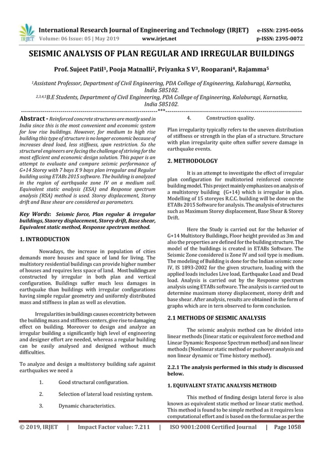 IRJET- Seismic Analysis of Plan Regular and Irregular Buildings | PDF