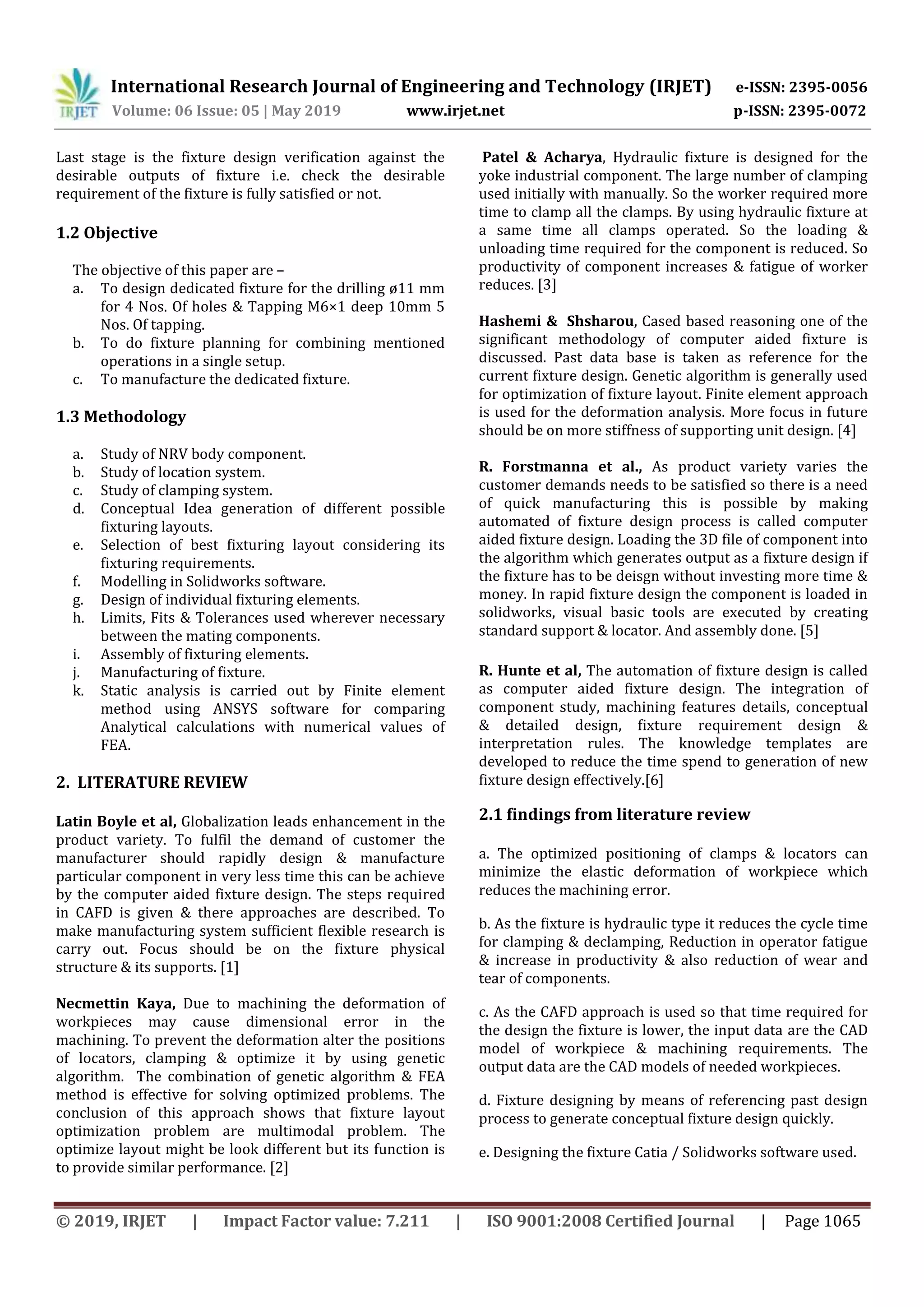 IRJET- Design, Development and Manufacturing of Dedicated Fixture for the NRV Body Component for ...