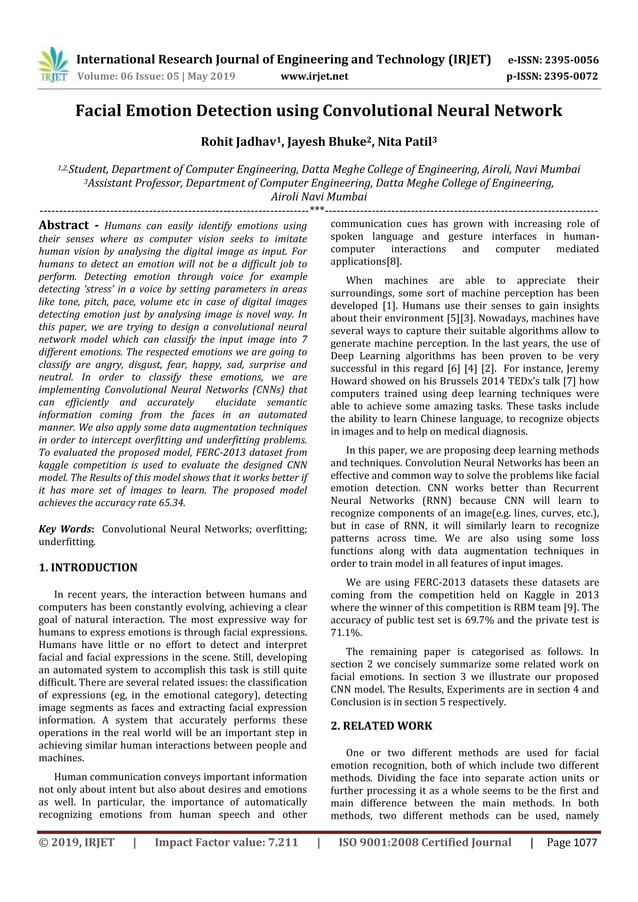 IRJET- Facial Emotion Detection using Convolutional Neural Network | PDF | Artificial ...