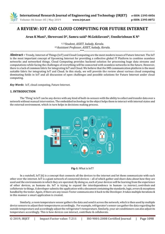 IRJET-A Review: IoT and Cloud Computing for Future Internet | PDF