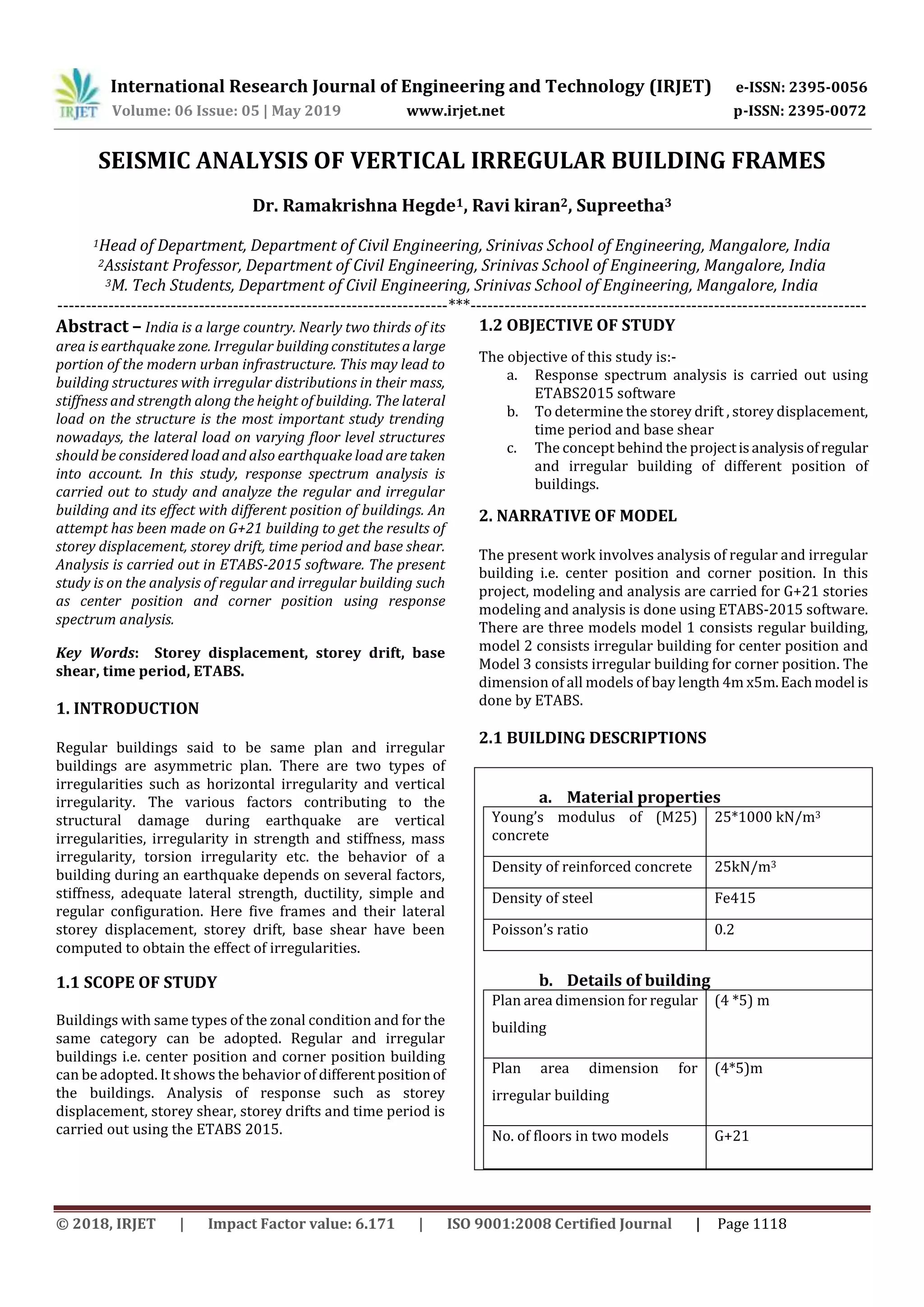 IRJET- Seismic Analysis of Vertical Irregular Building Frames | PDF