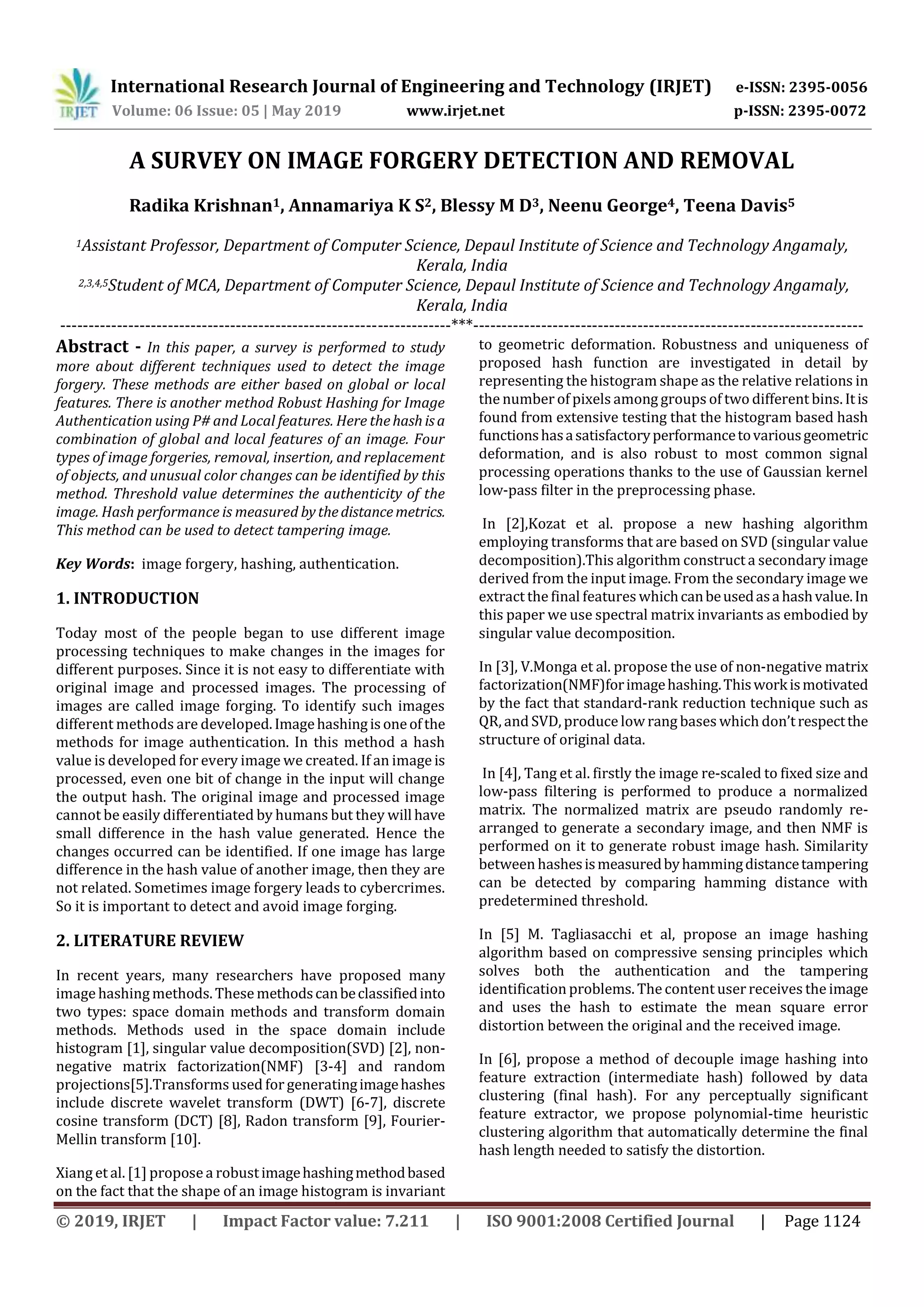 Irjet A Survey On Image Forgery Detection And Removal Pdf
