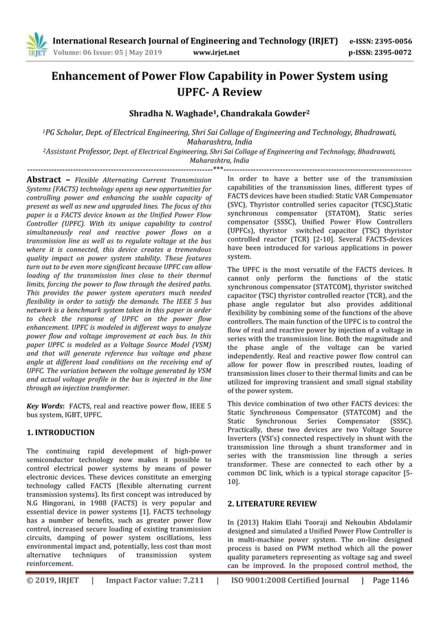 IRJET- Enhancement of Power Flow Capability in Power System using UPFC- A RevieW | PDF