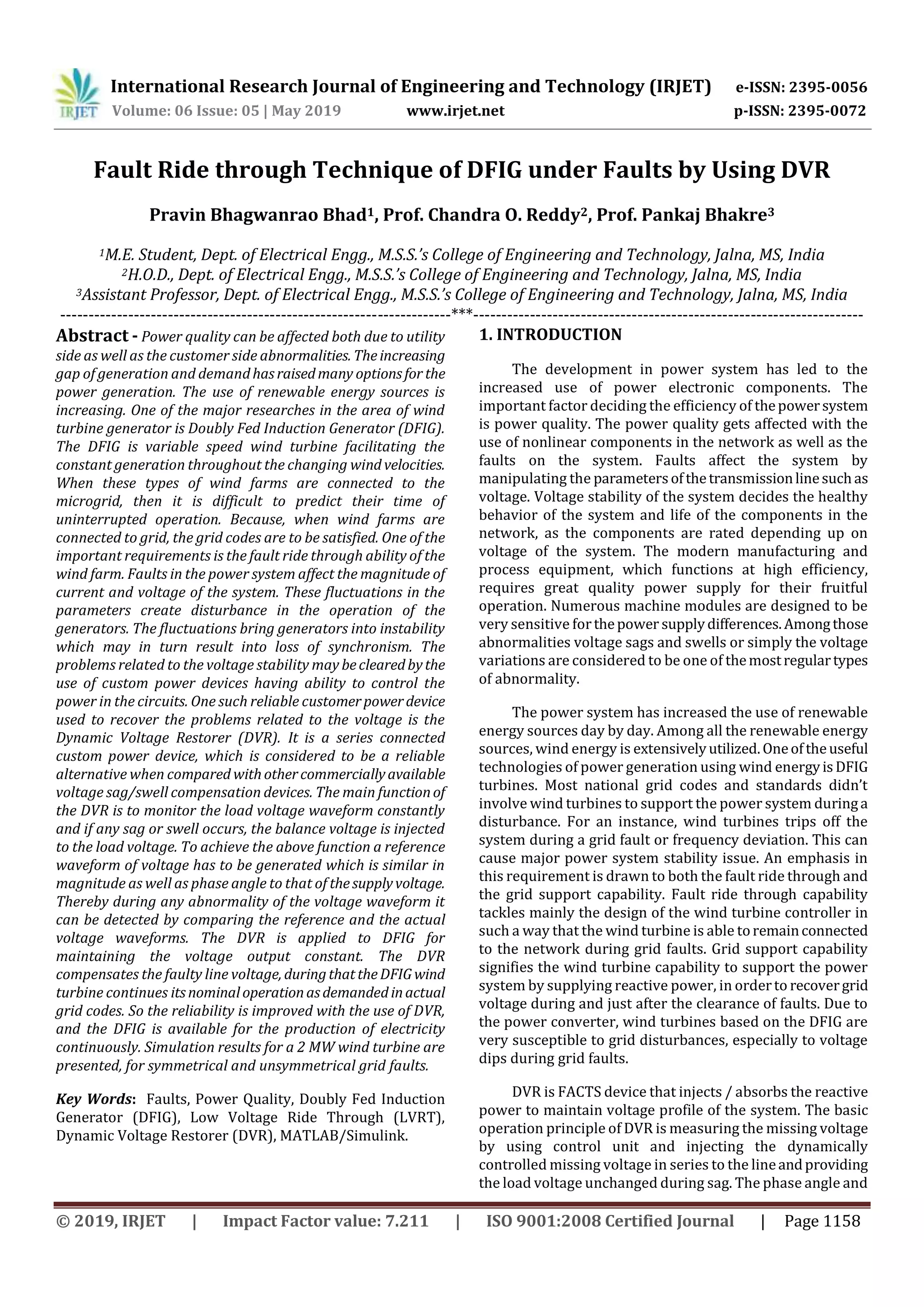 IRJET- Fault Ride through Technique of DFIG Under Faults by using DVR | PDF