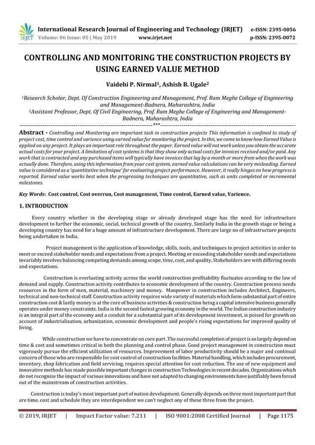 IRJET- Controlling and Monitoring the Construction Projects by using Earned Value Method | PDF