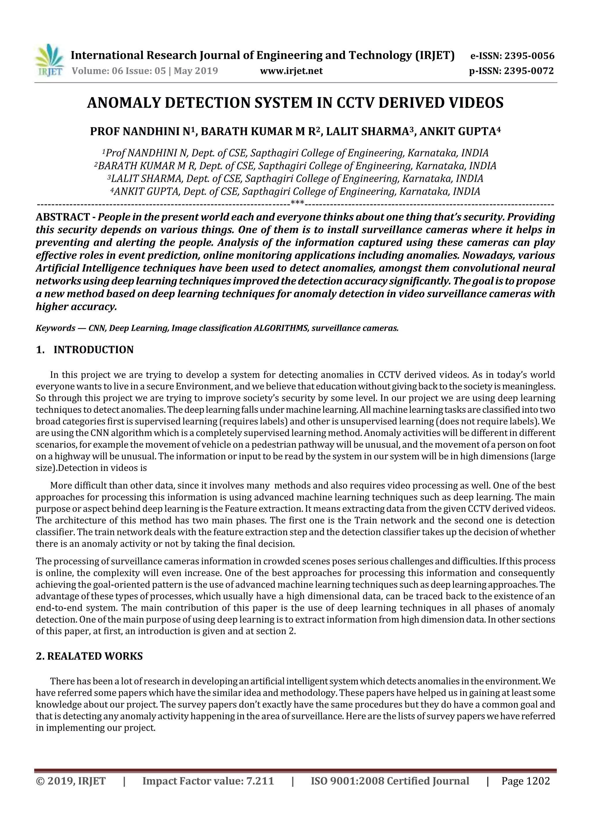 IRJET- Anomaly Detection System in CCTV Derived Videos | PDF