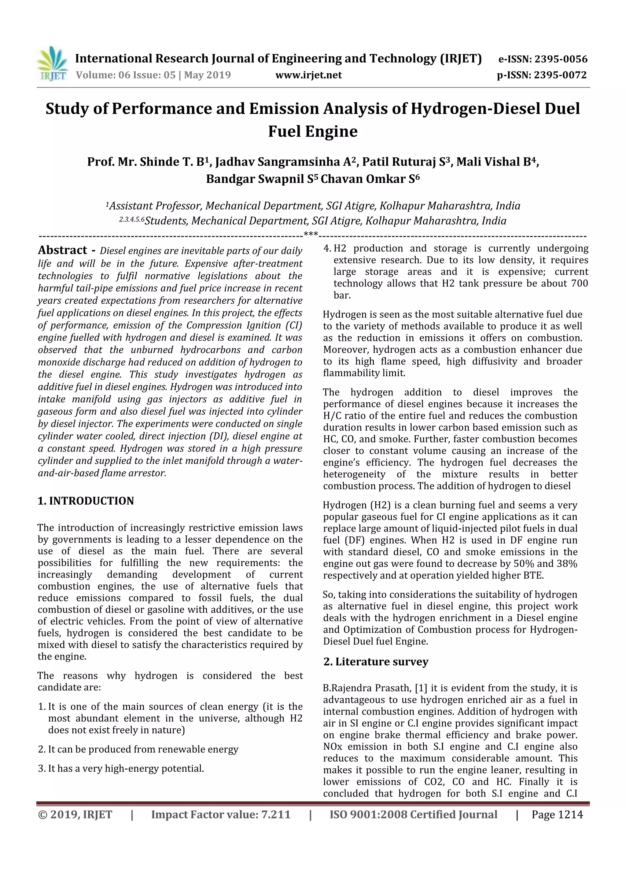 IRJET- Study of Performance and Emission Analysis of Hydrogen-Diesel Duel Fuel Engine | PDF