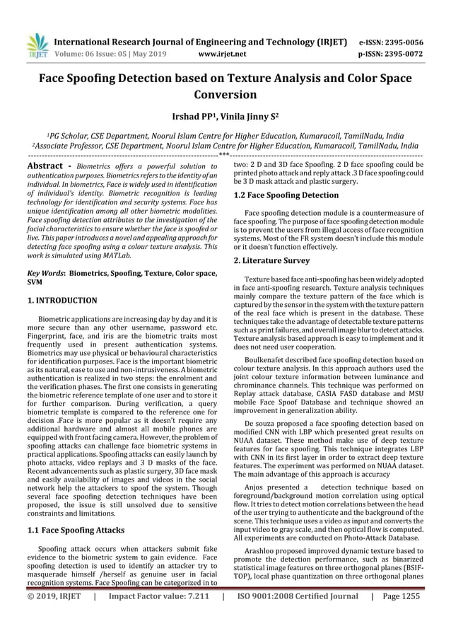 IRJET- Face Spoofing Detection Based on Texture Analysis and Color Space Conversion | PDF
