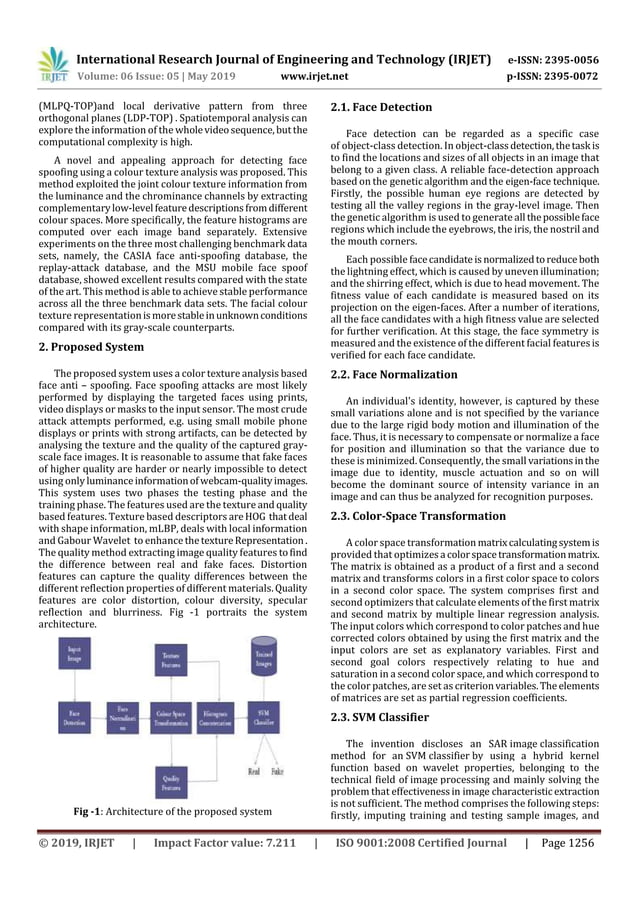 Irjet Face Spoofing Detection Based On Texture Analysis And Color Space Conversion Pdf 