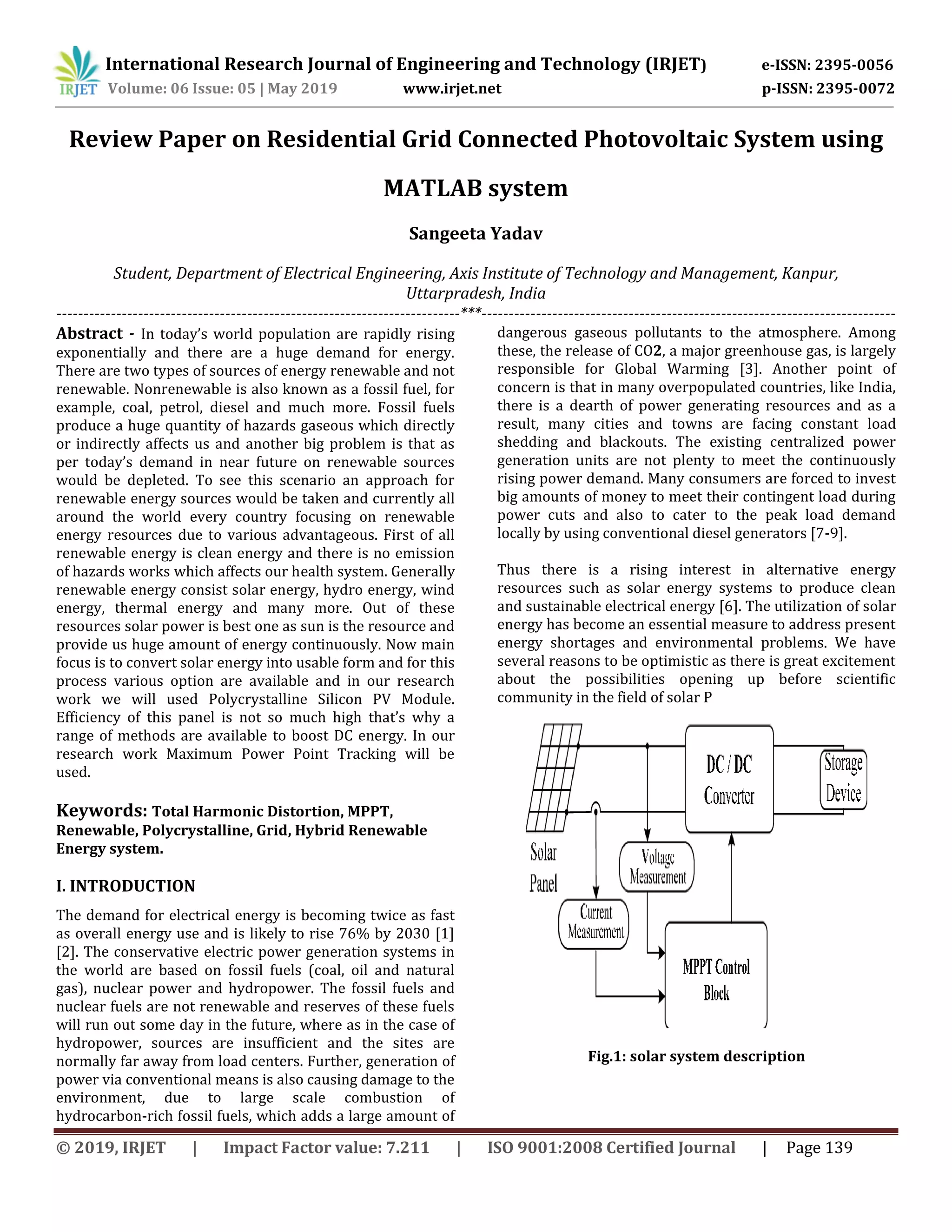 IRJET- Review Paper on Residential Grid Connected Photovoltaic System using Matlab System | PDF