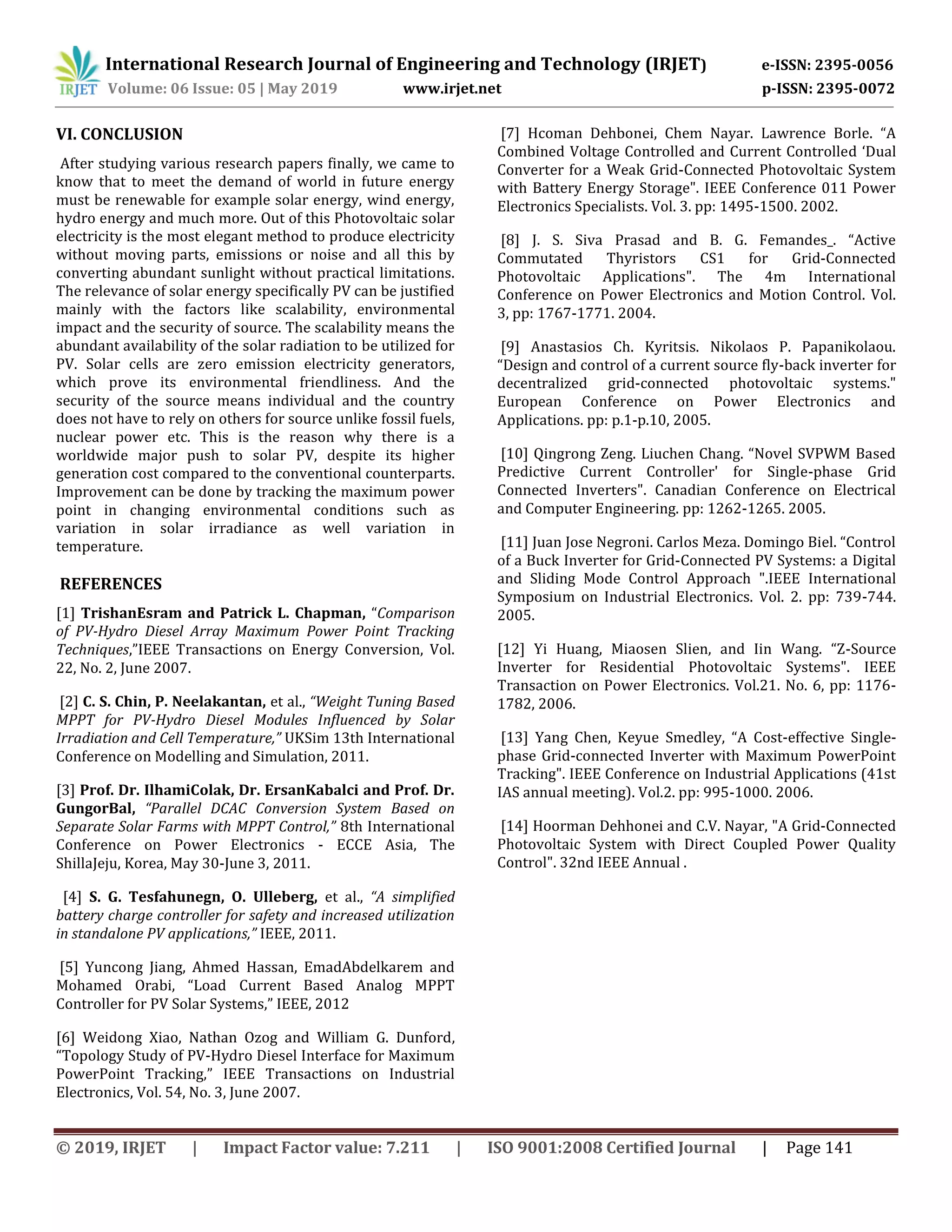 IRJET- Review Paper on Residential Grid Connected Photovoltaic System using Matlab System | PDF