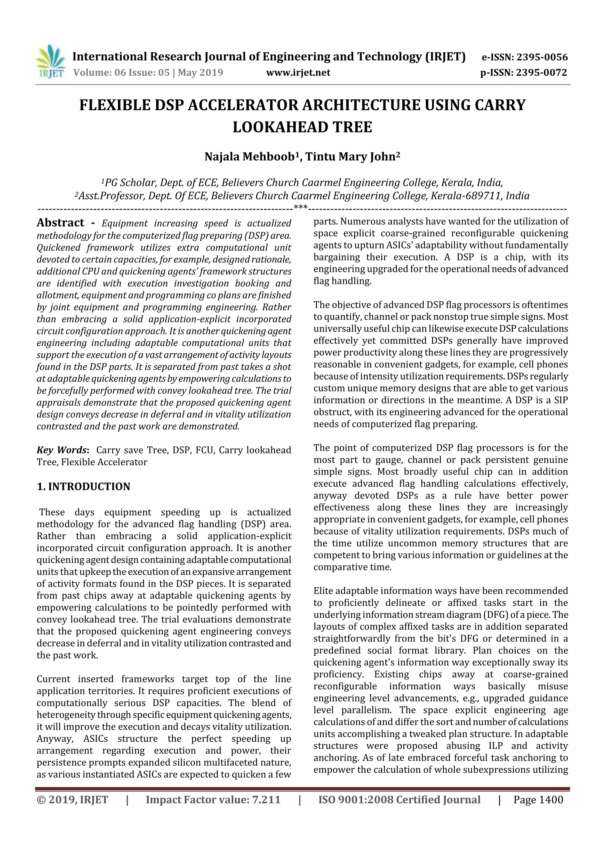 Irjet Flexible Dsp Accelerator Architecture Using Carry Lookahead Tree Pdf