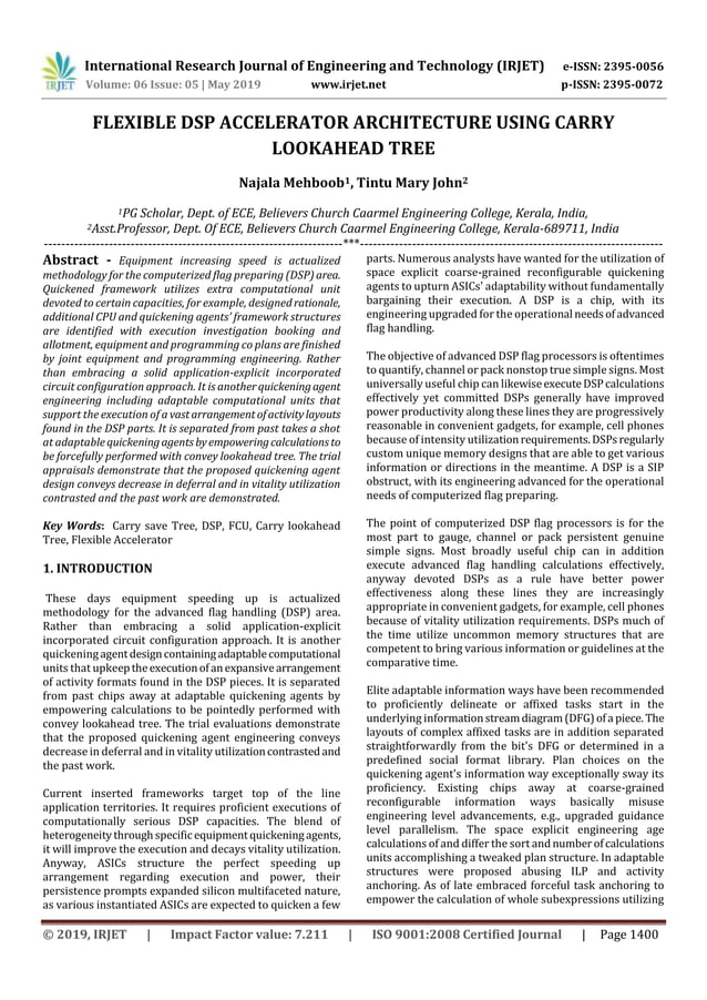 IRJET- Flexible DSP Accelerator Architecture using Carry Lookahead Tree | PDF