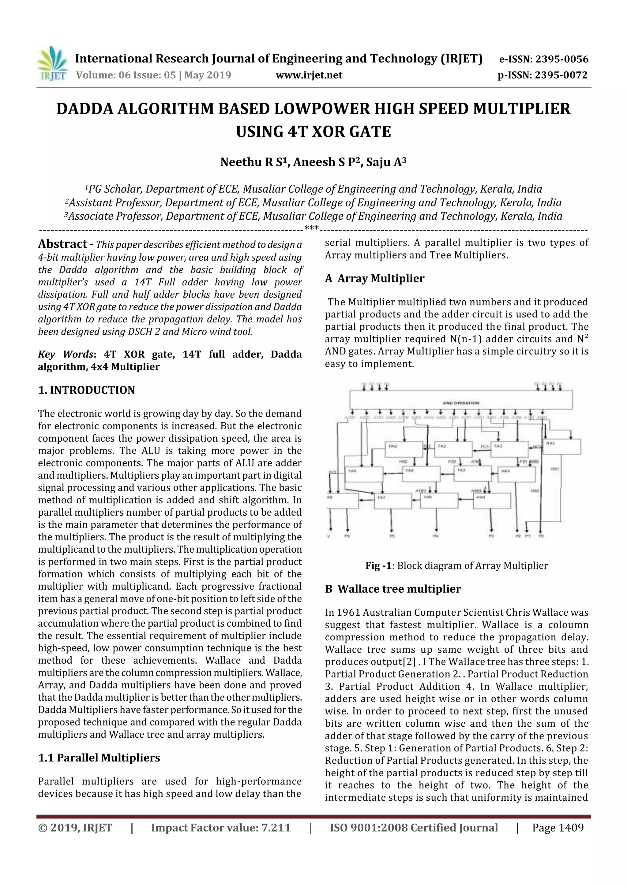 IRJET- Dadda Algorithm based Lowpower High Speed Multiplier using 4T XOR Gate | PDF