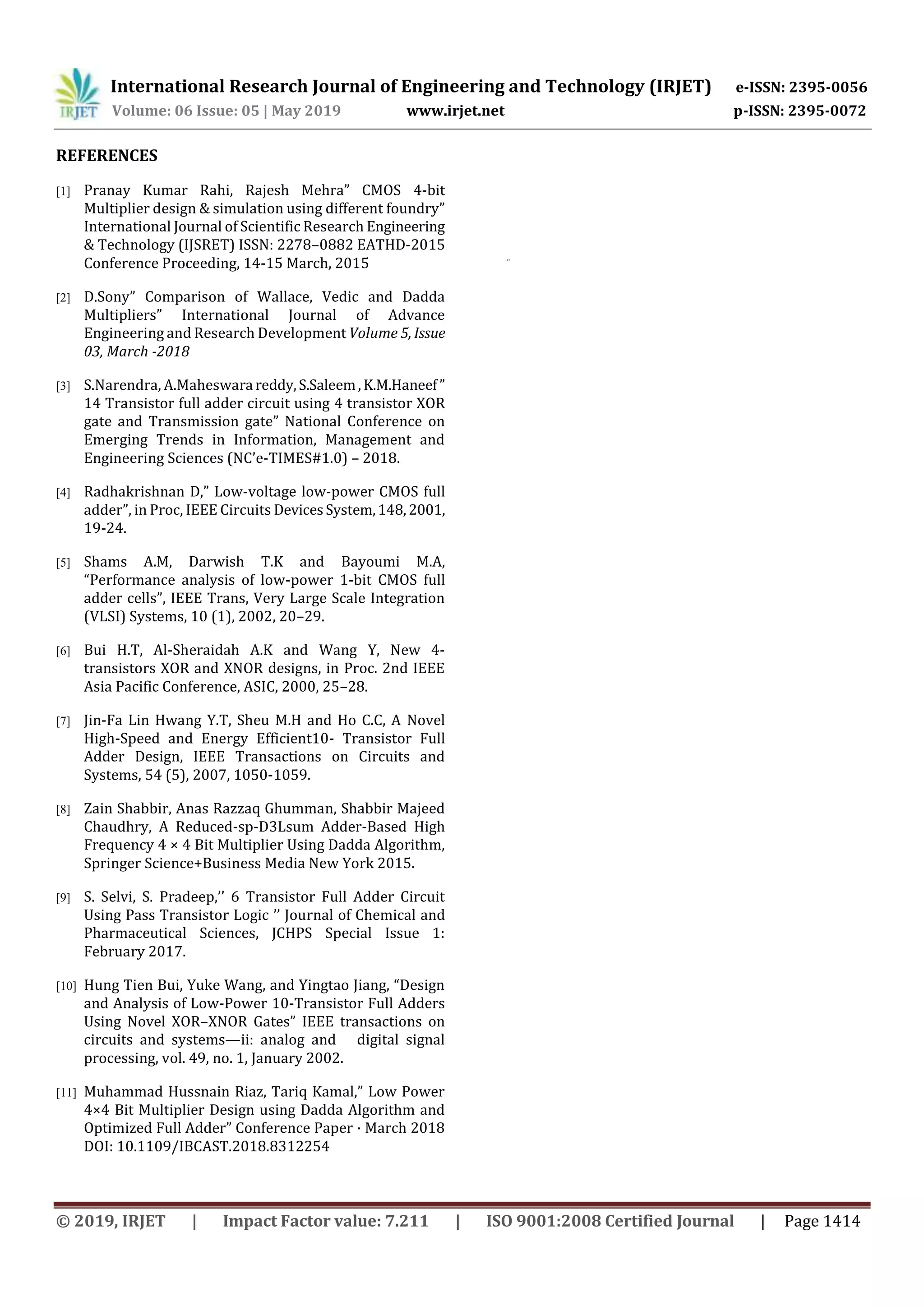 IRJET- Dadda Algorithm based Lowpower High Speed Multiplier using 4T XOR Gate | PDF