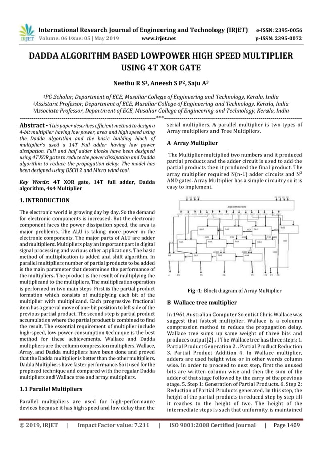 Irjet Dadda Algorithm Based Lowpower High Speed Multiplier Using 4t Xor Gate Pdf
