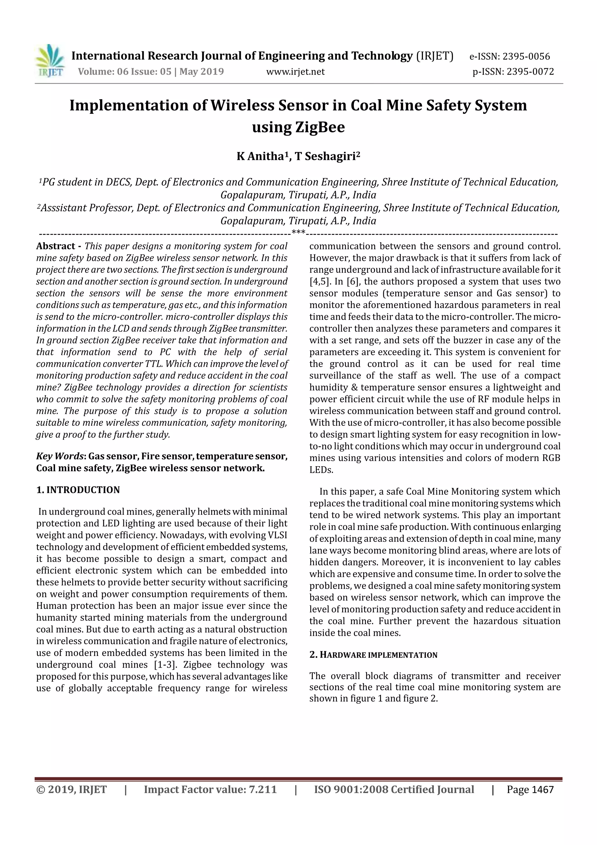 IRJET- Implementation of Wireless Sensor in Coal Mine Safety System ...