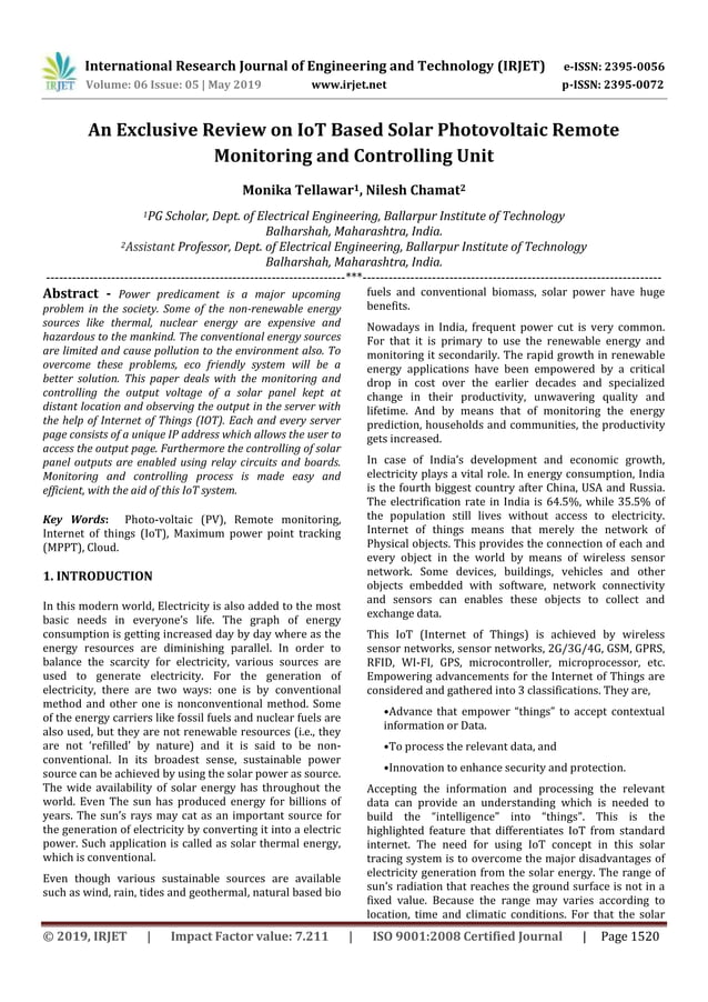 IRJET- An Exclusive Review on IoT based Solar Photovoltaic Remote ...