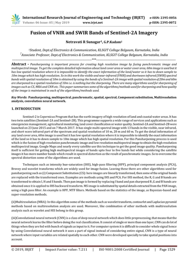 IRJET- Fusion of VNIR and SWIR Bands of Sentinel-2A Imagery | PDF