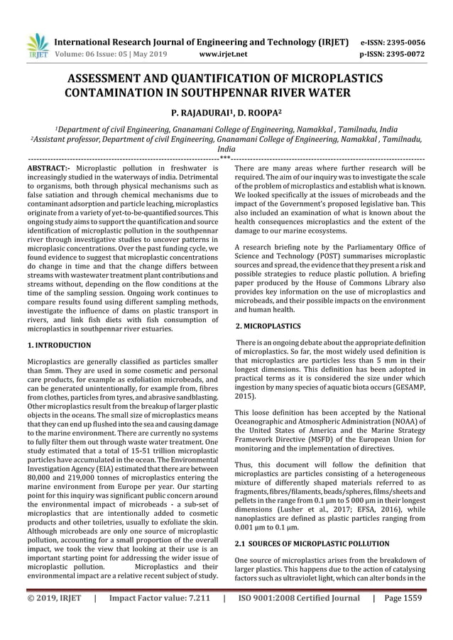 IRJET- Assessment and Quantification of Microplastics Contamination in Southpennar River Water | PDF