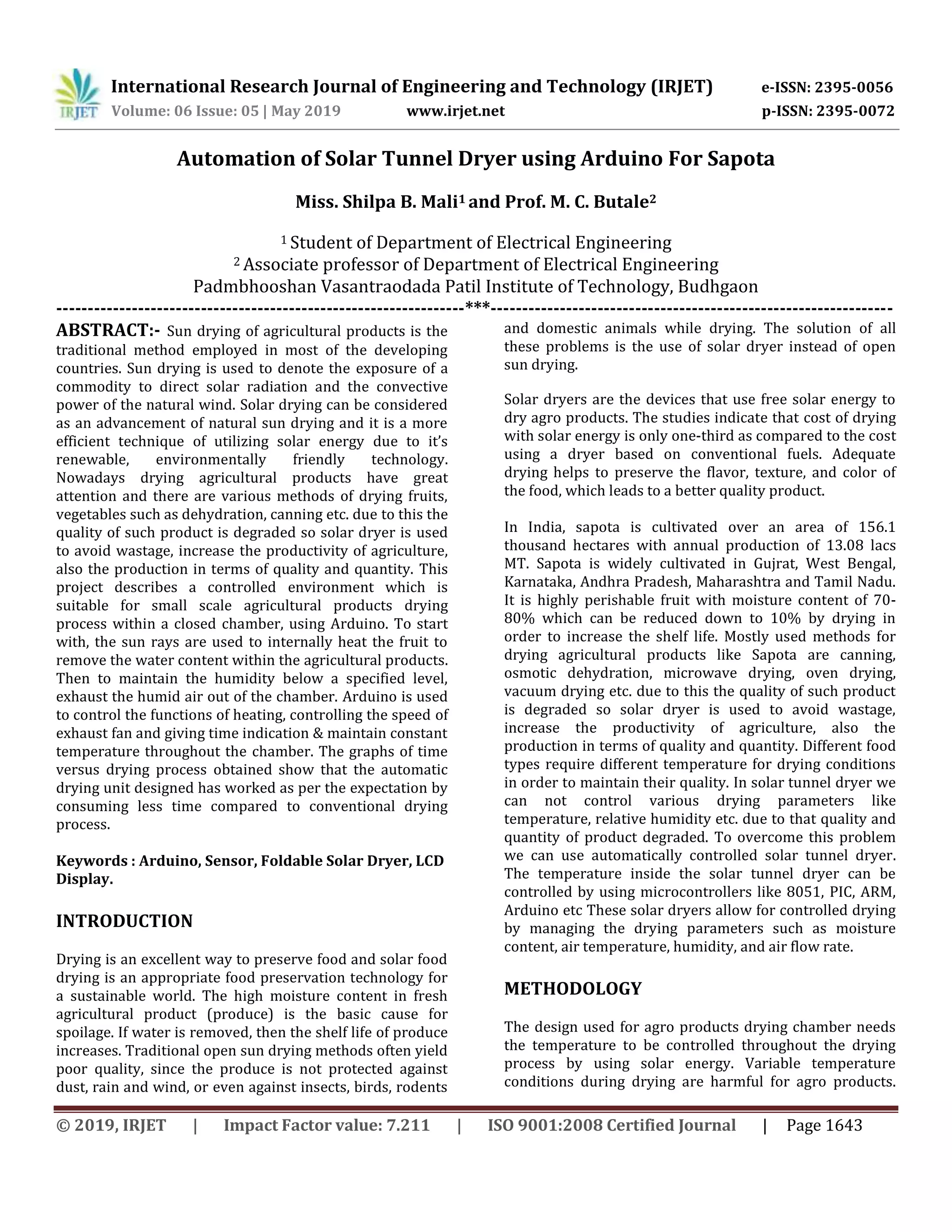 IRJET- Automation of Solar Tunnel Dryer using Arduino for Sapota | PDF