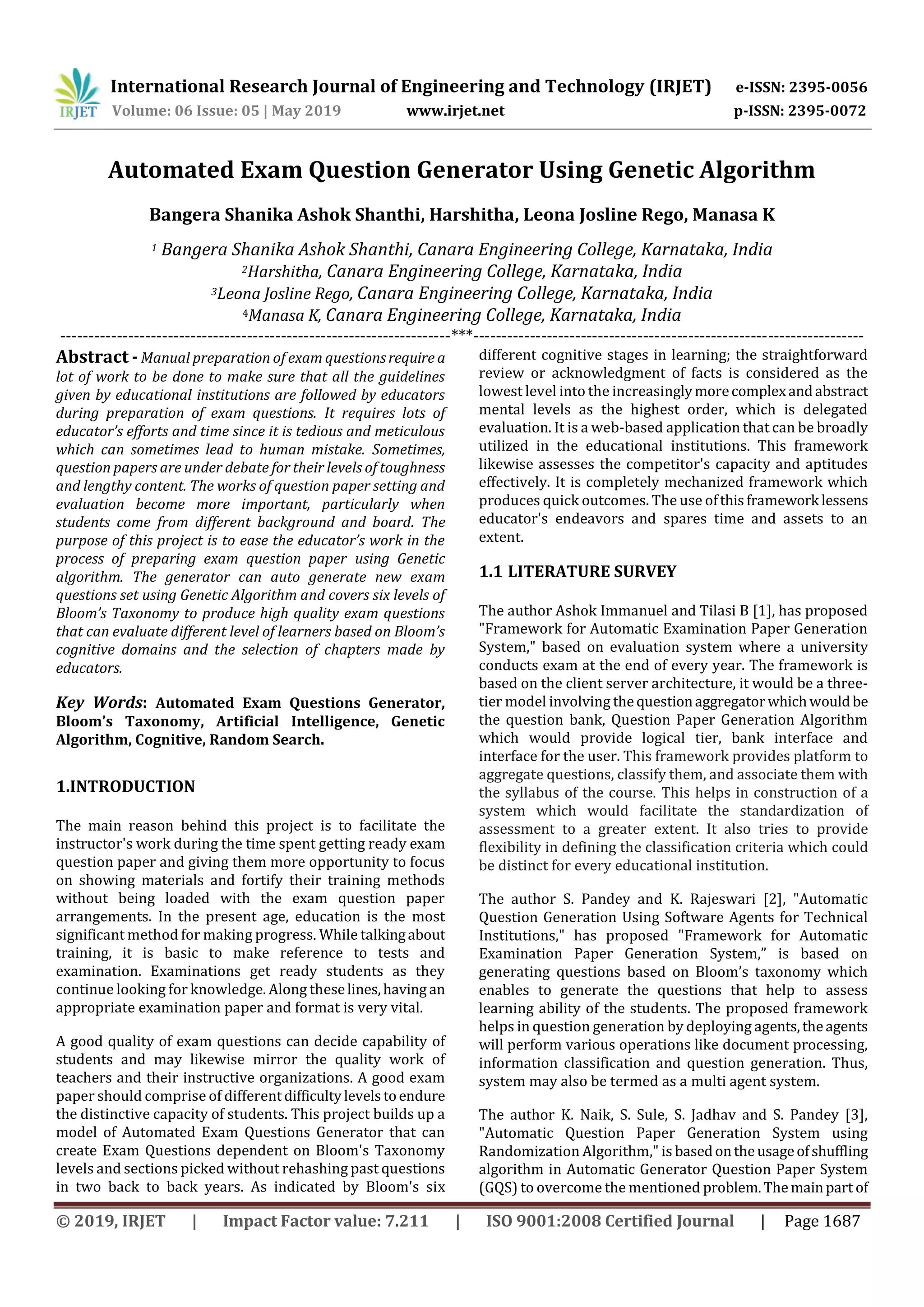 IRJET- Automated Exam Question Generator using Genetic Algorithm | PDF